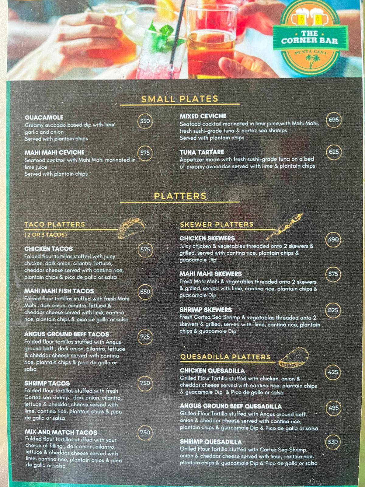 Menu at The Corner Bar, Punta Cana