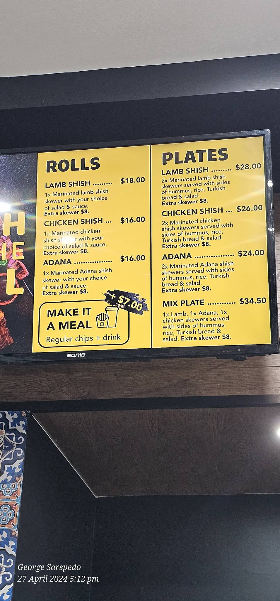 Menu at The Corner Kebab restaurant, Alexandria