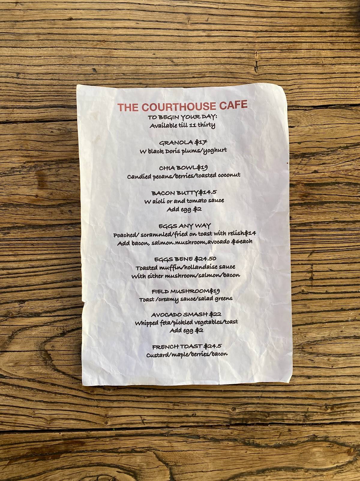 Menu at The Courthouse Cafe, Alexandra