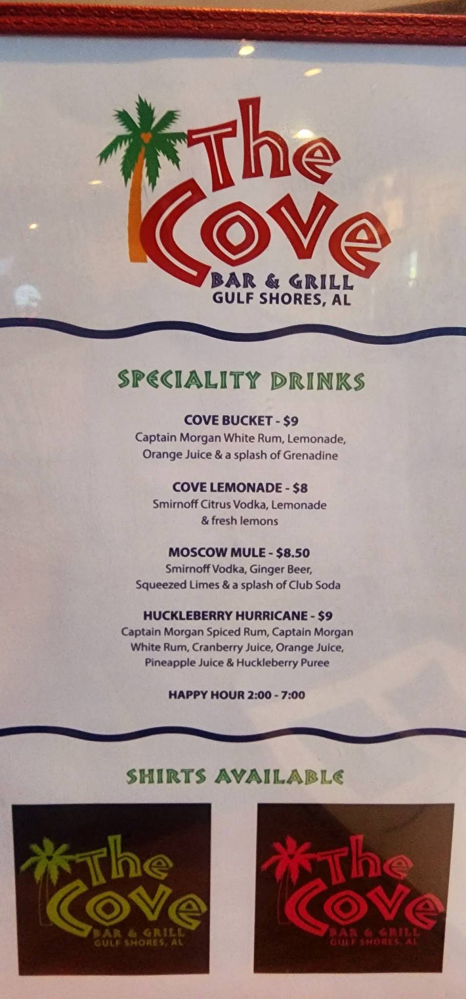 Menu at The Cove Bar and Grill, Gulf Shores