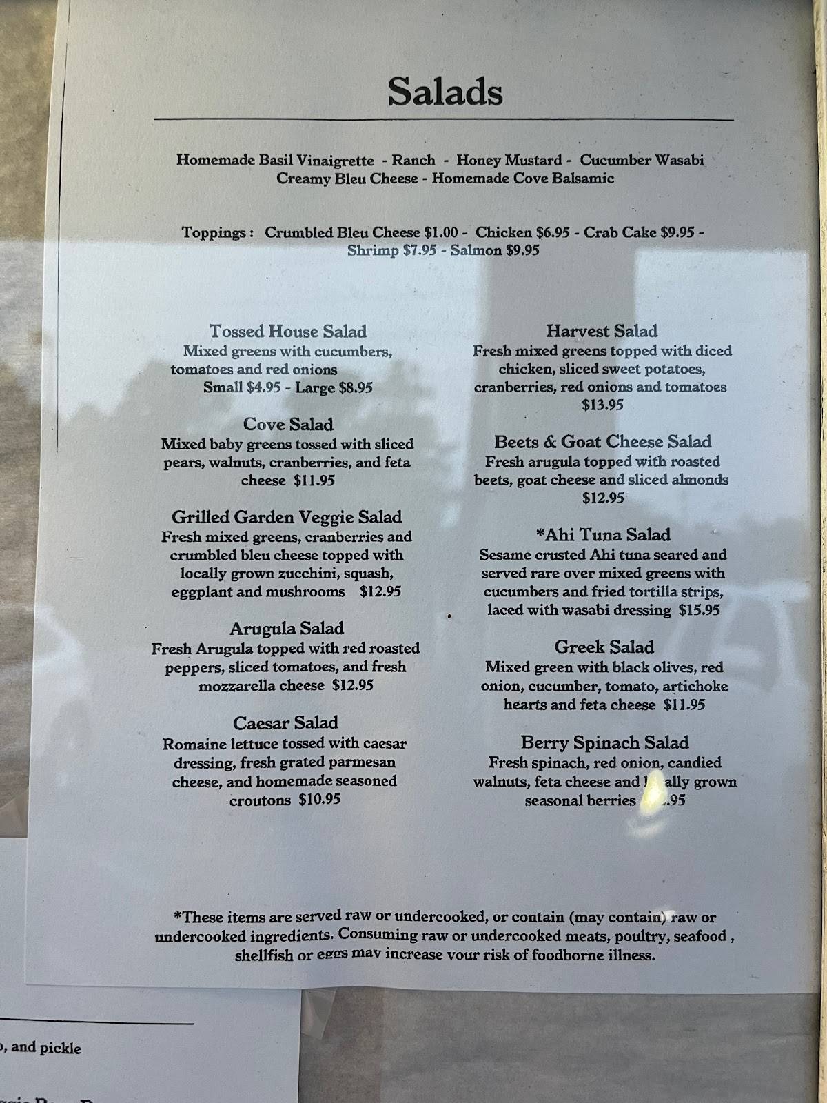 Menu at The Cove Restaurant, Holden Beach