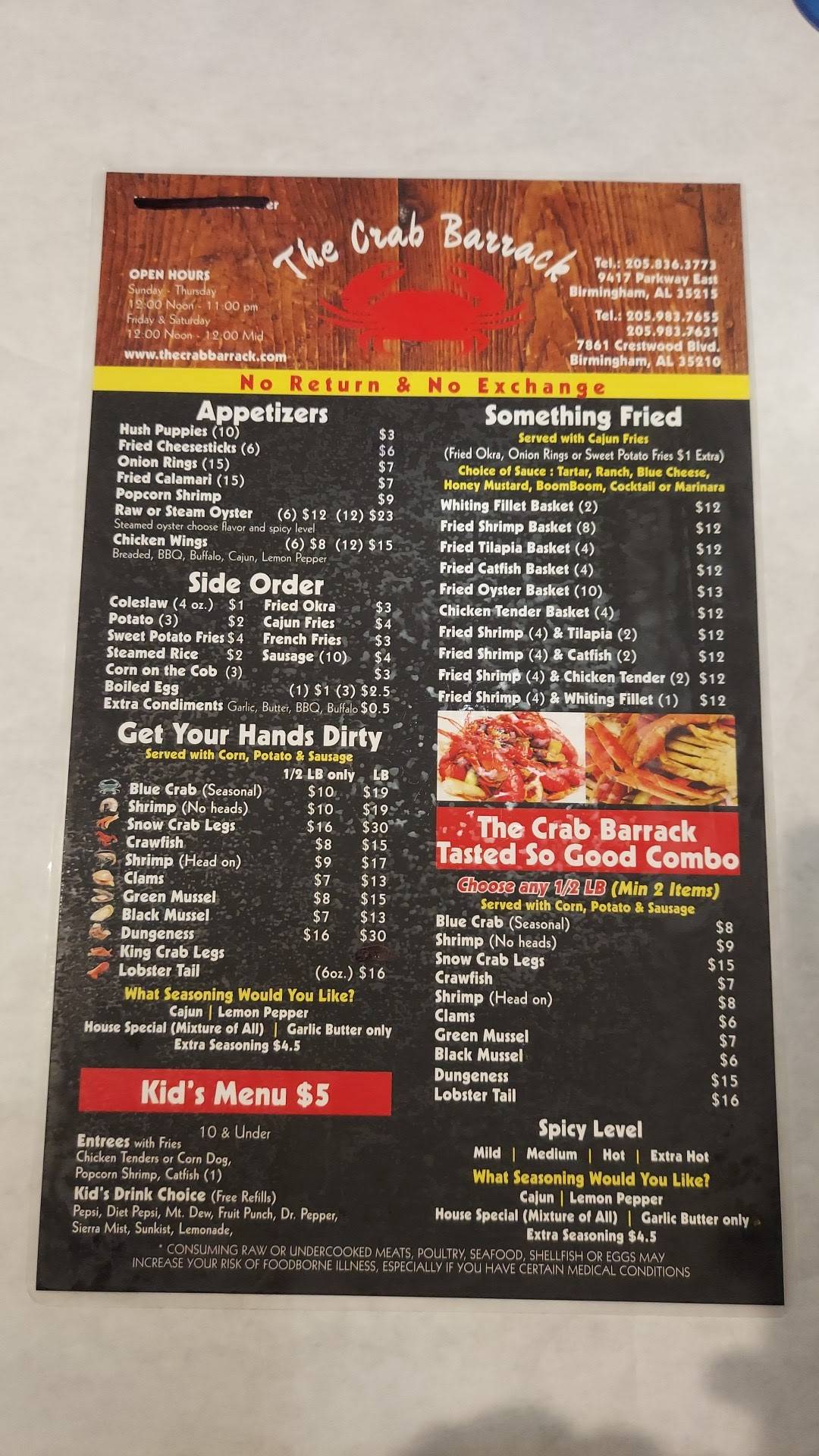 Menu at The Crab Barrack, Birmingham, Parkway E