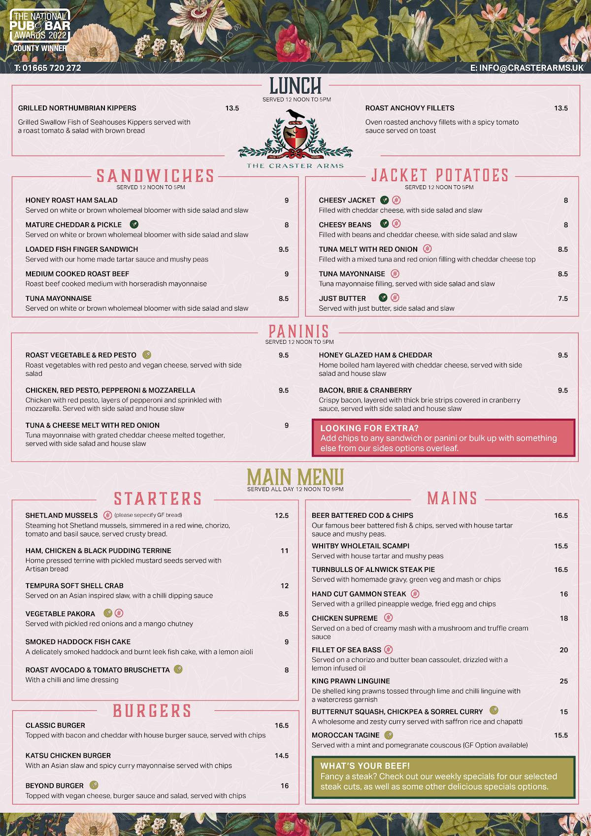 Menu at The Craster Arms restaurant, Beadnell