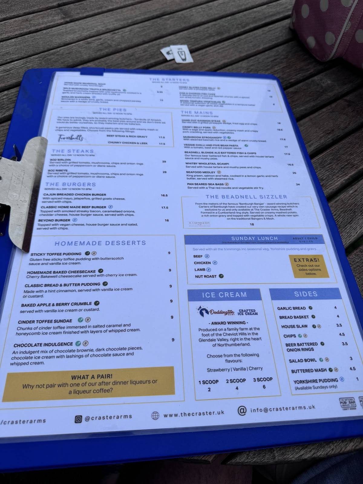 Menu at The Craster Arms restaurant, Beadnell