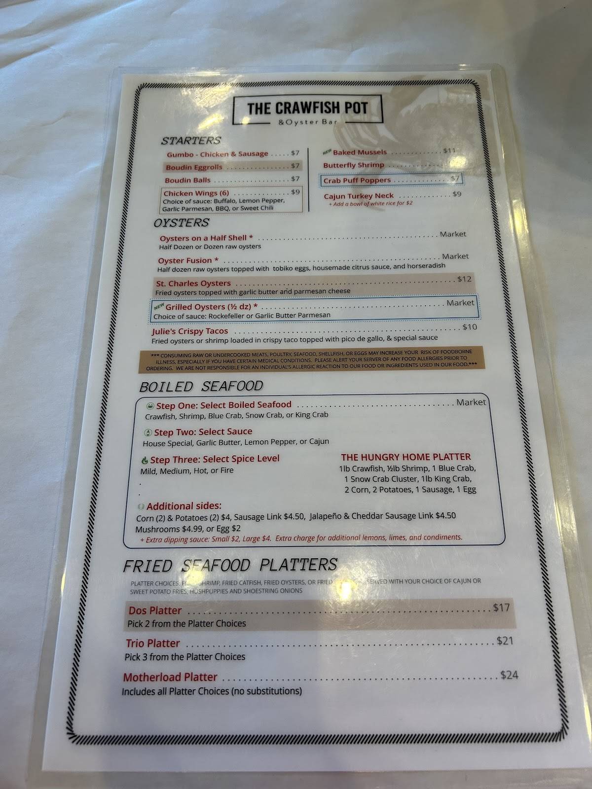 Menu at The Crawfish Pot & Oyster Bar, Houston