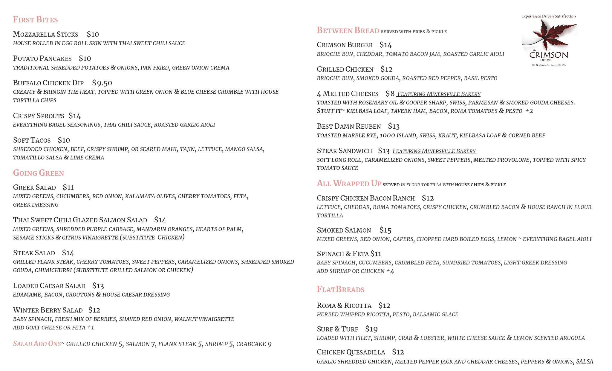 Menu at The Crimson House pub & bar, Pottsville