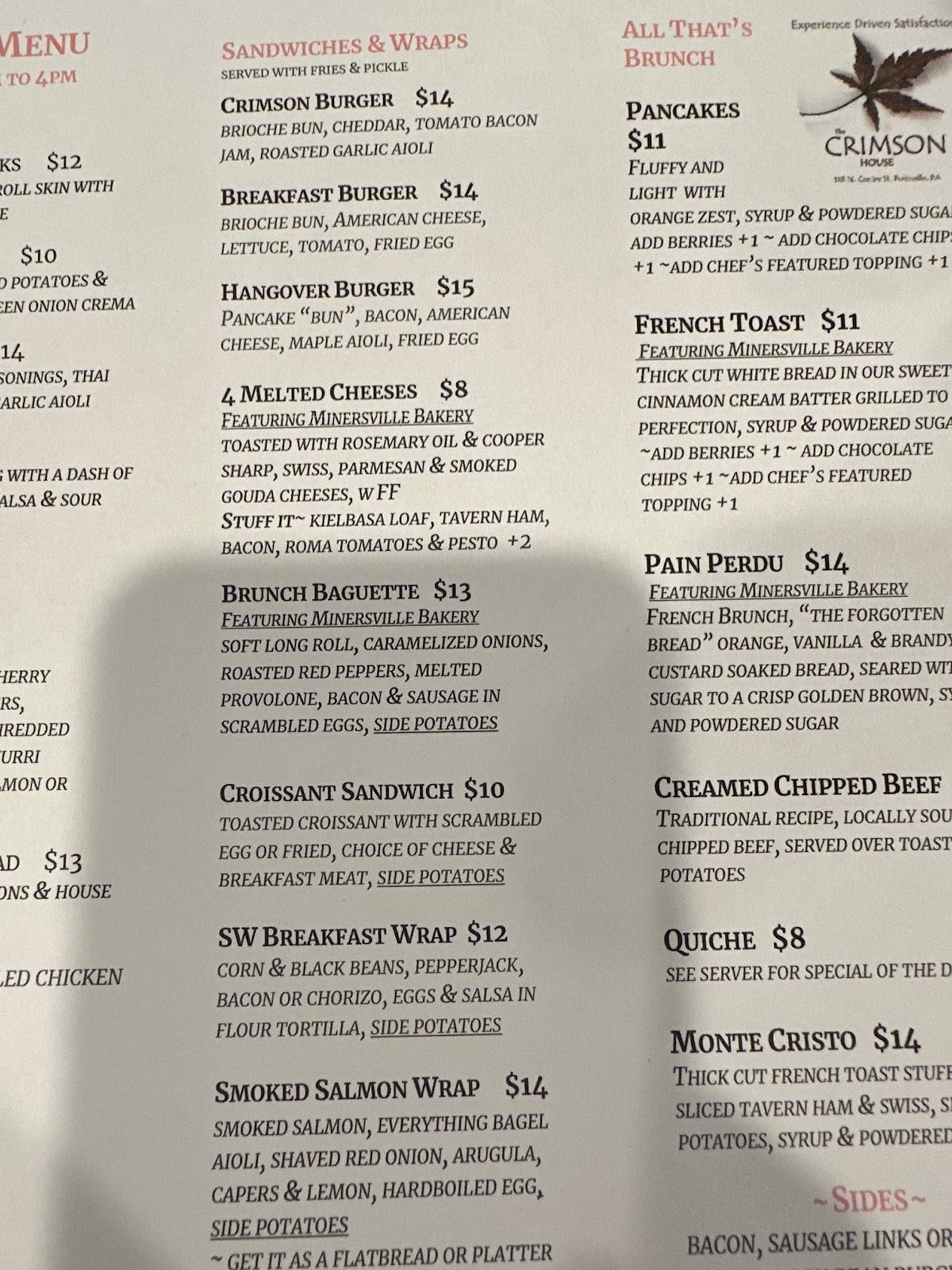Menu at The Crimson House pub & bar, Pottsville