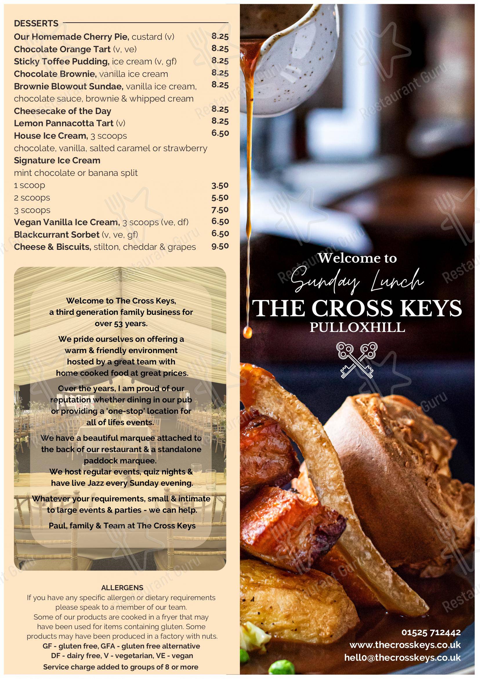 Menu at The Cross Keys restaurant, Pulloxhill