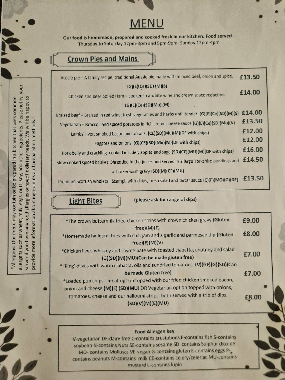 Menu at The Crown Hotel pub & bar, Swindon