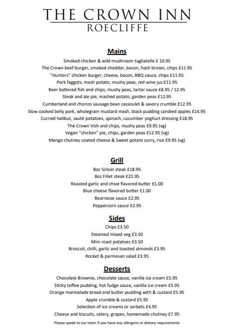 Menu at The Crown Inn restaurant, Roecliffe, Bar Ln