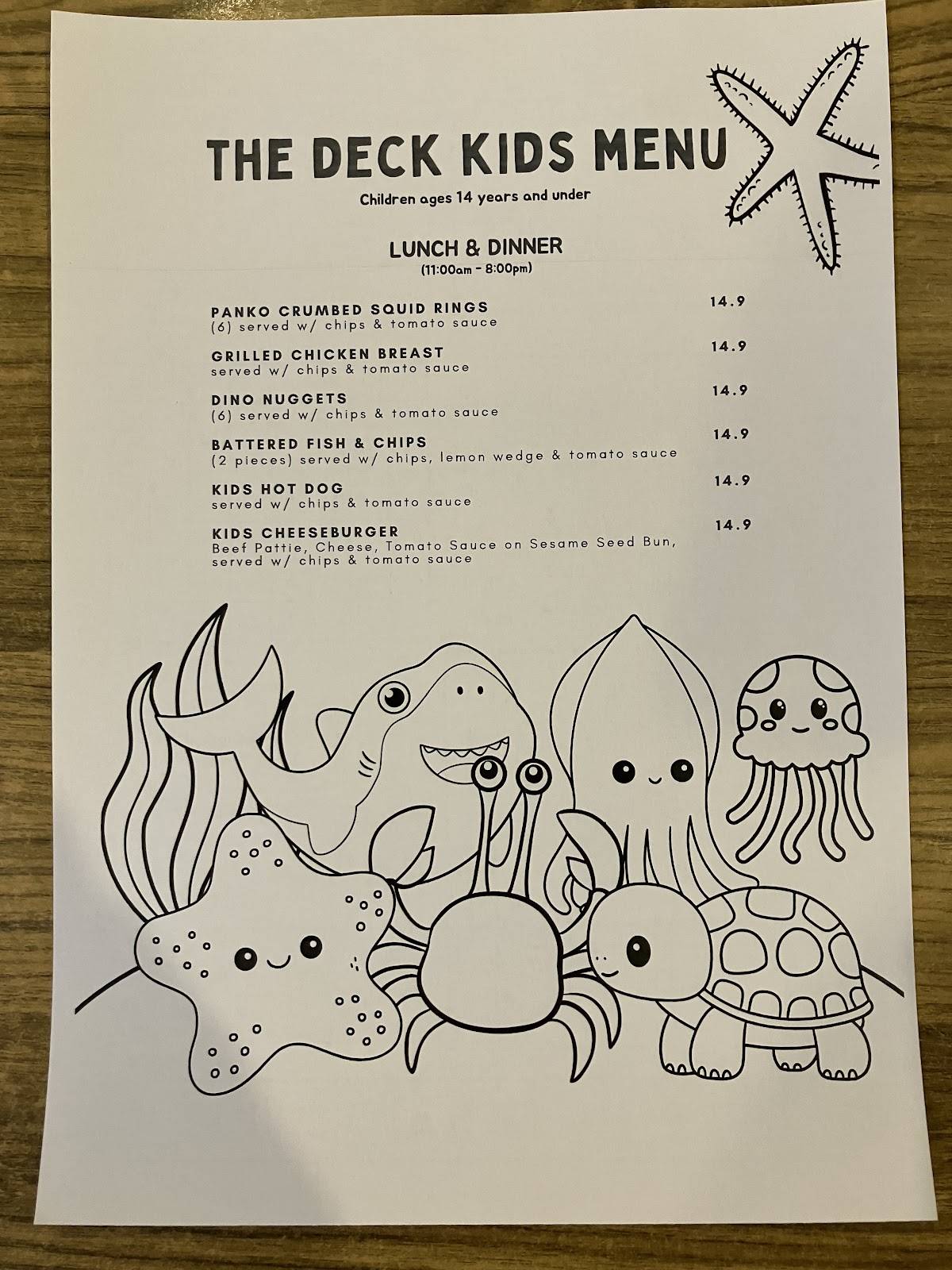 Menu at The Deck restaurant, Mermaid Beach