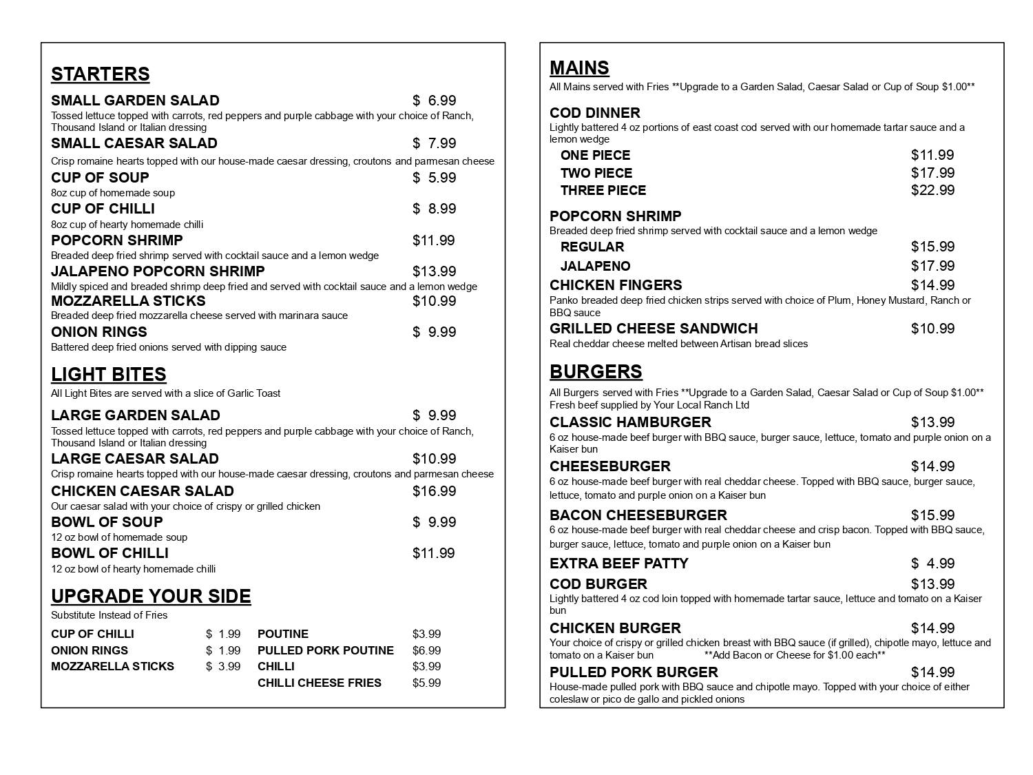 Menu at The Diner at Shorty's restaurant, Crossfield