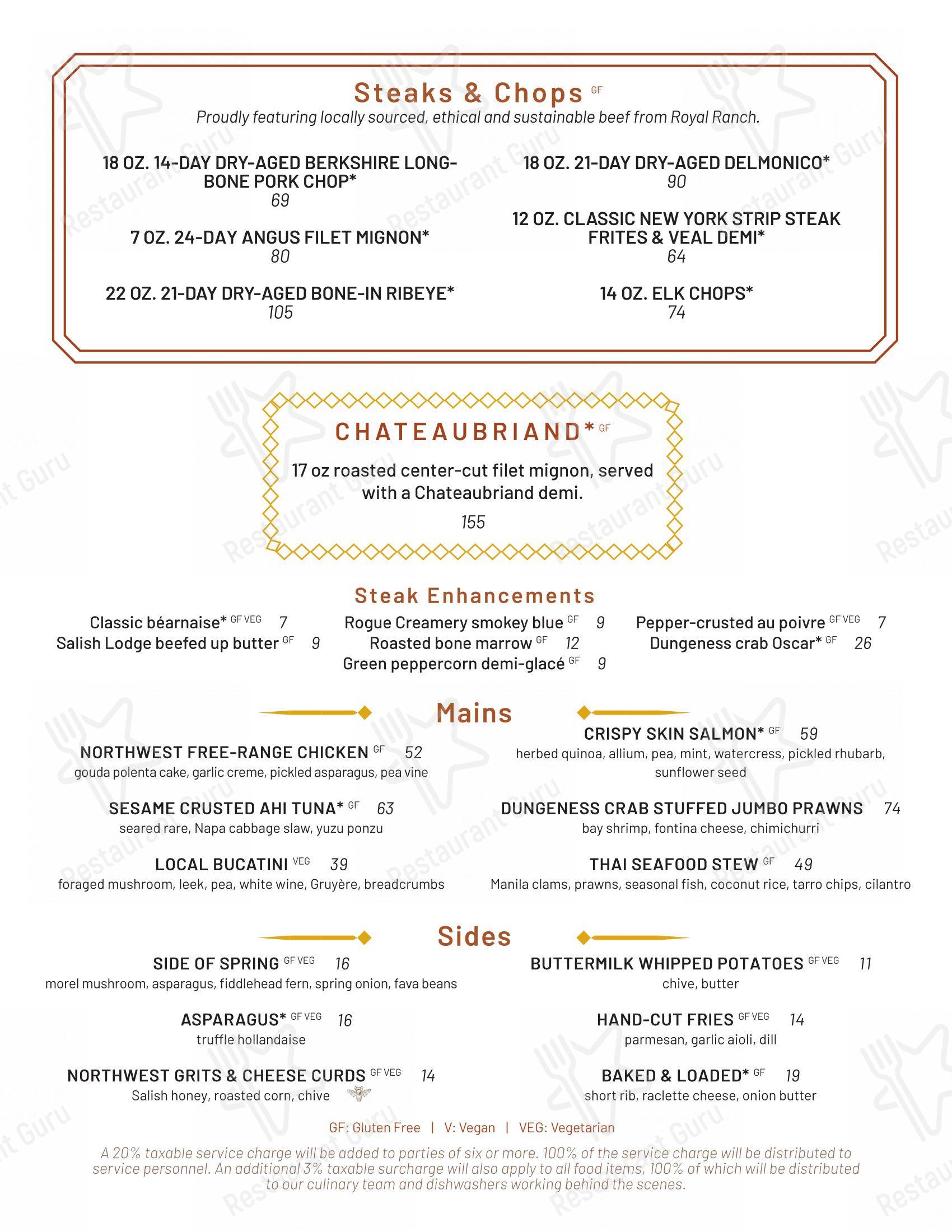 Menu at The Restaurant & Terrace Bar at Salish Lodge, Snoqualmie