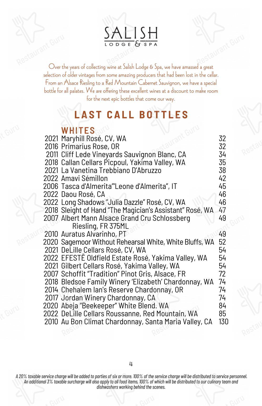 Menu at The Restaurant & Terrace Bar at Salish Lodge, Snoqualmie