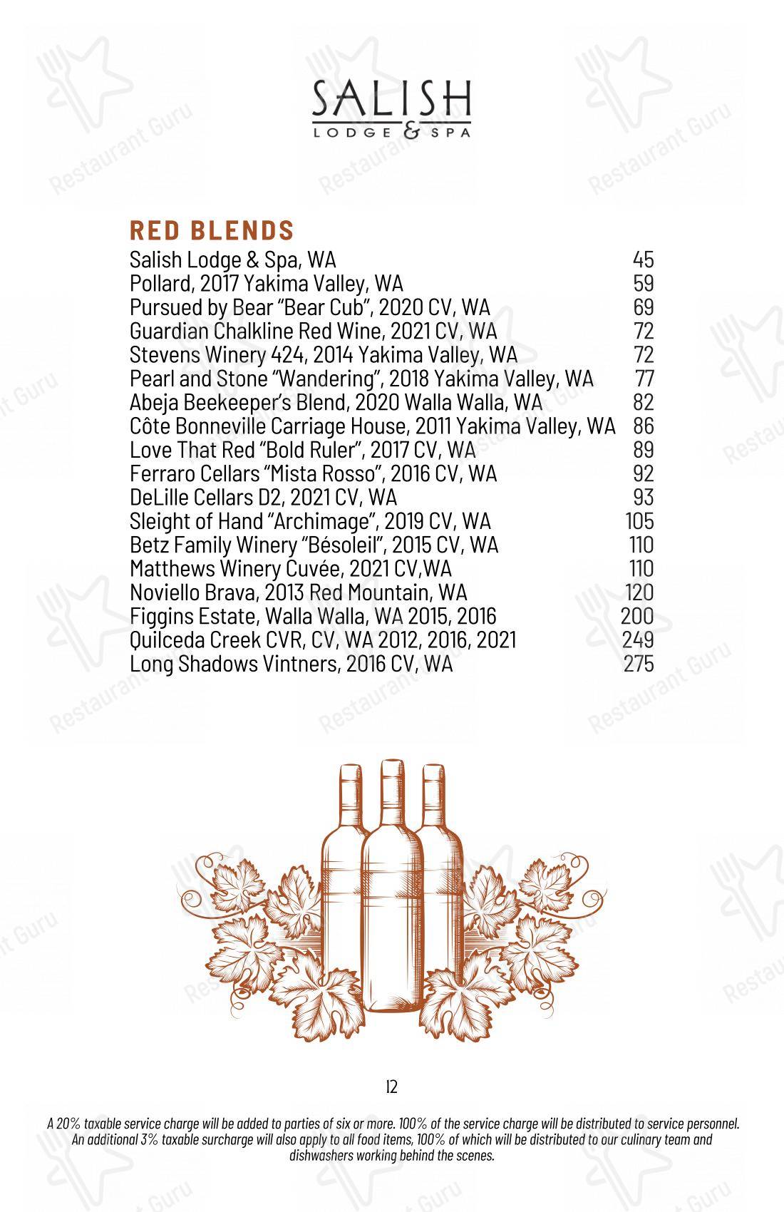 Menu at The Restaurant & Terrace Bar at Salish Lodge, Snoqualmie