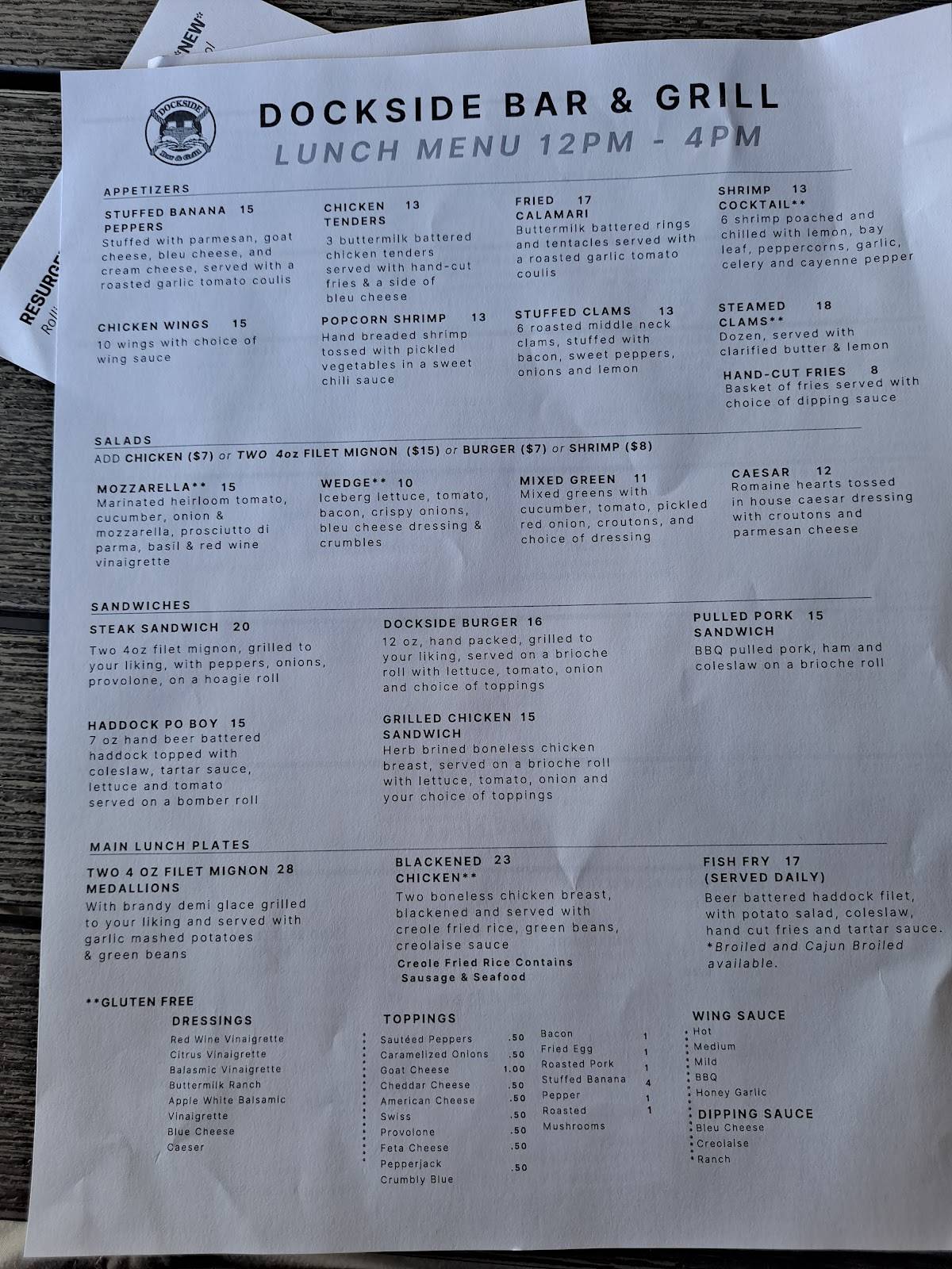 Menu at The Dockside Bar & Grill, North Tonawanda