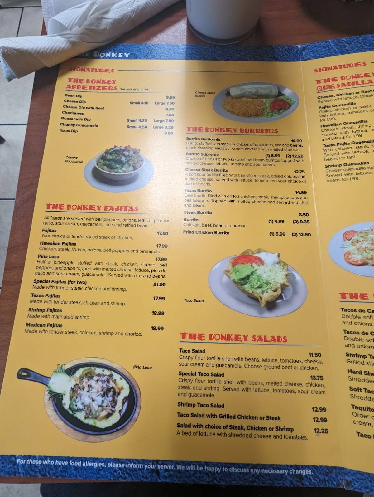 Menu at The Donkey Mexican Restaurant, Carrollton