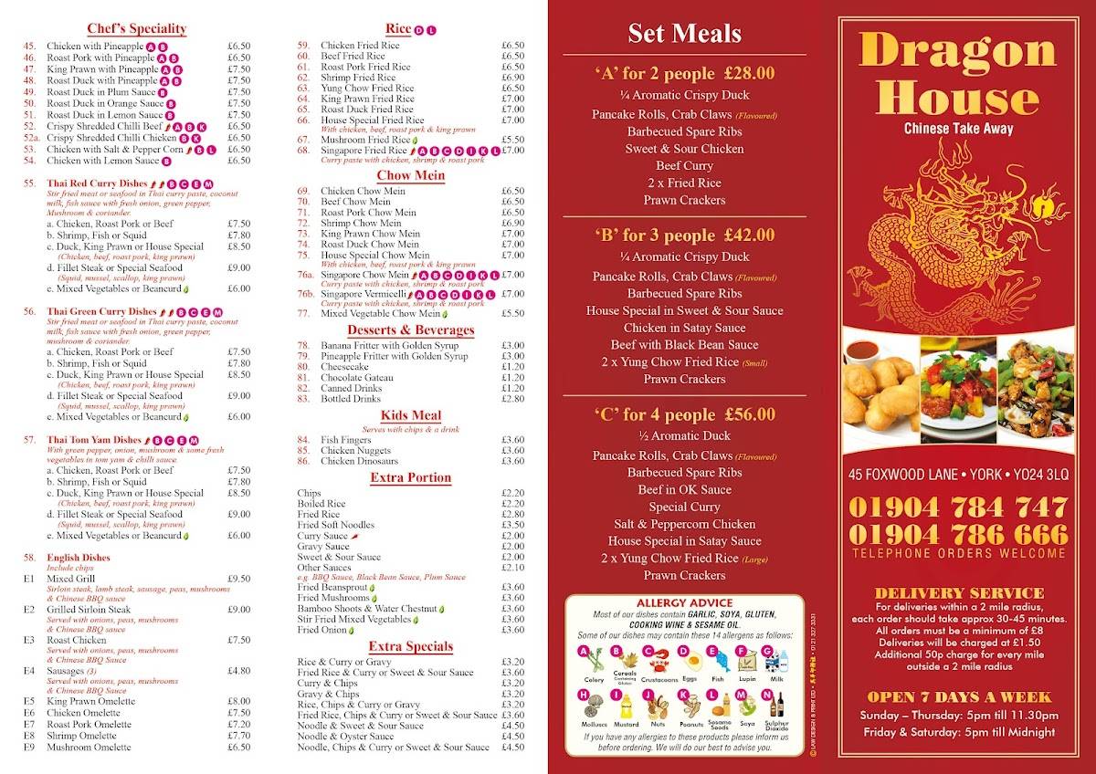 Menu at The Dragon House fast food, York