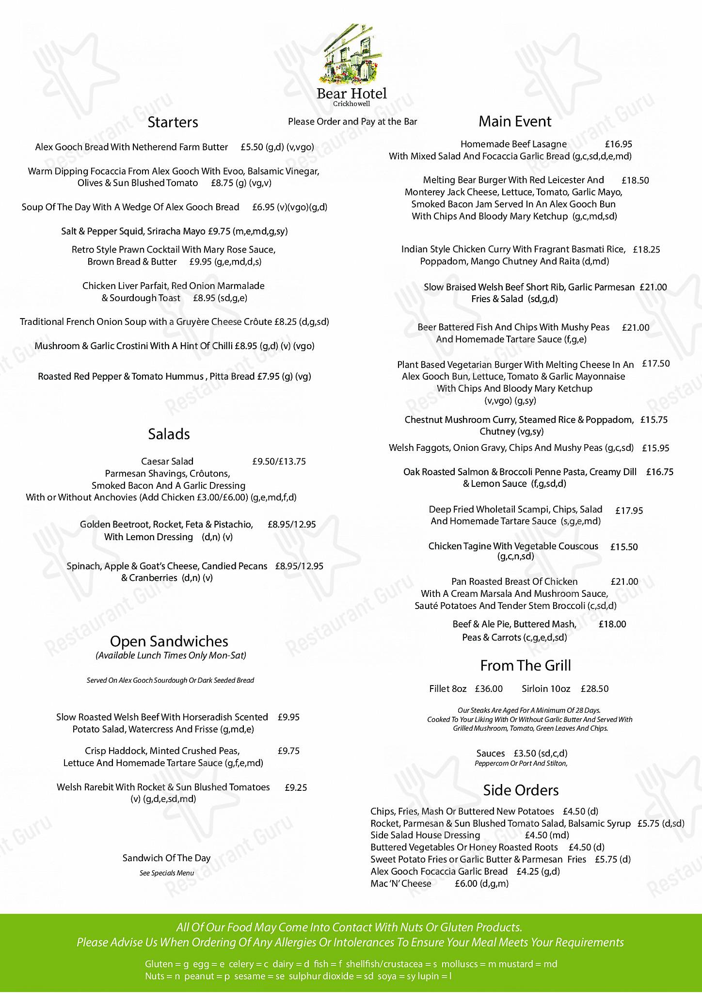Menu at The Bear Hotel, Crickhowell restaurant, Crickhowell