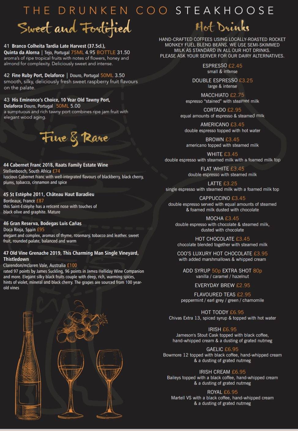 Menu at The Drunken Coo restaurant, Ayr