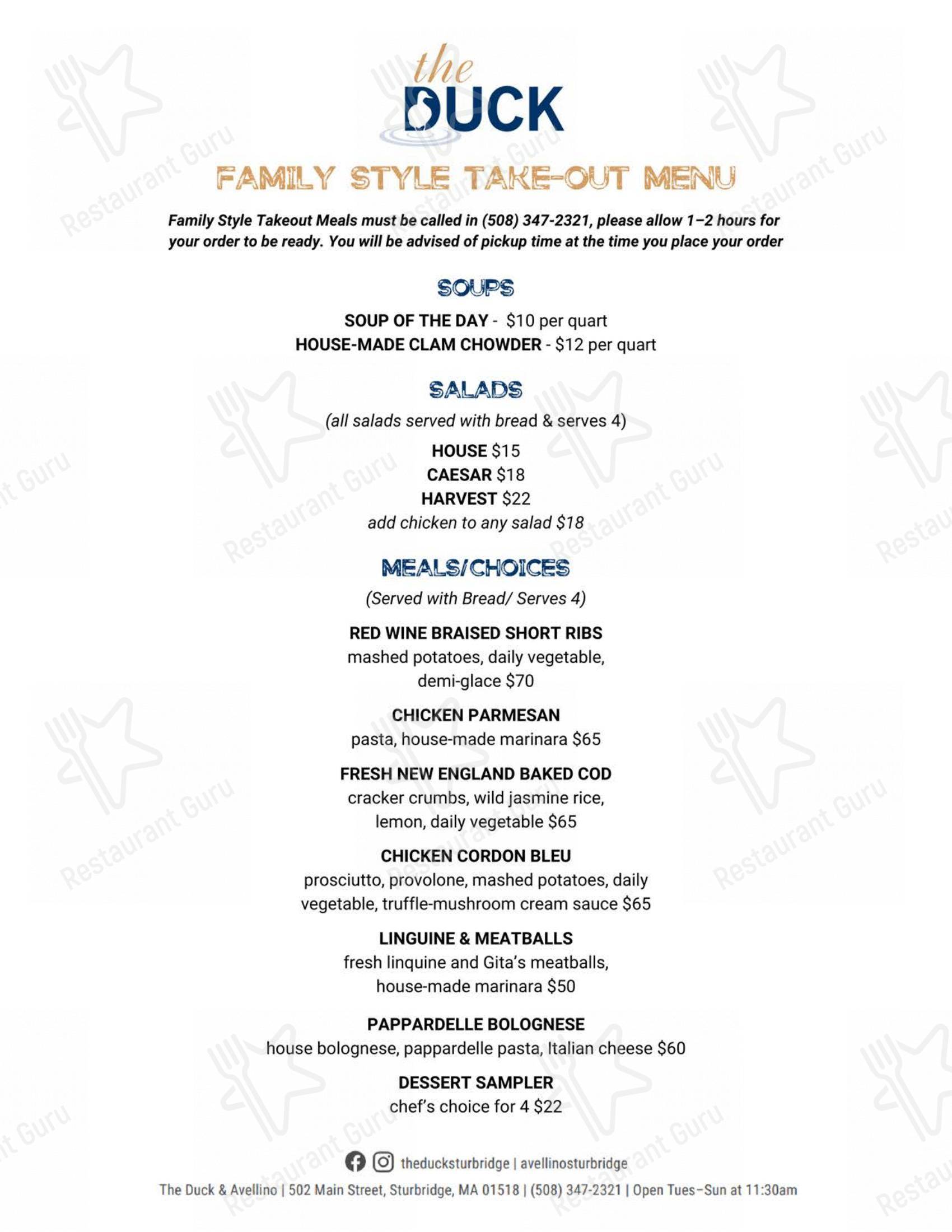 Menu at The Duck restaurant, Sturbridge