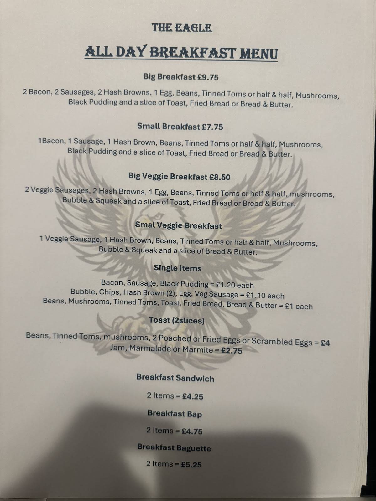 Menu at The Eagle Watchfield pub & bar, Shrivenham, Eagle Ln