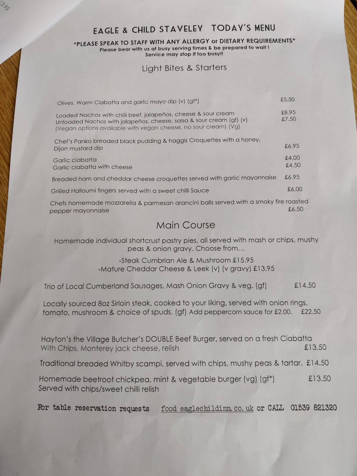 Menu at The Eagle & Child Inn pub & bar, Staveley