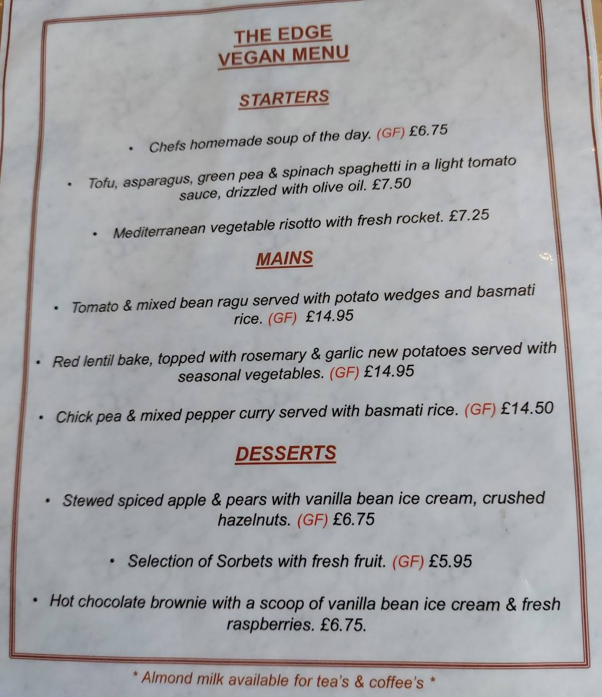 Menu at The Edge Restaurant, Whitby
