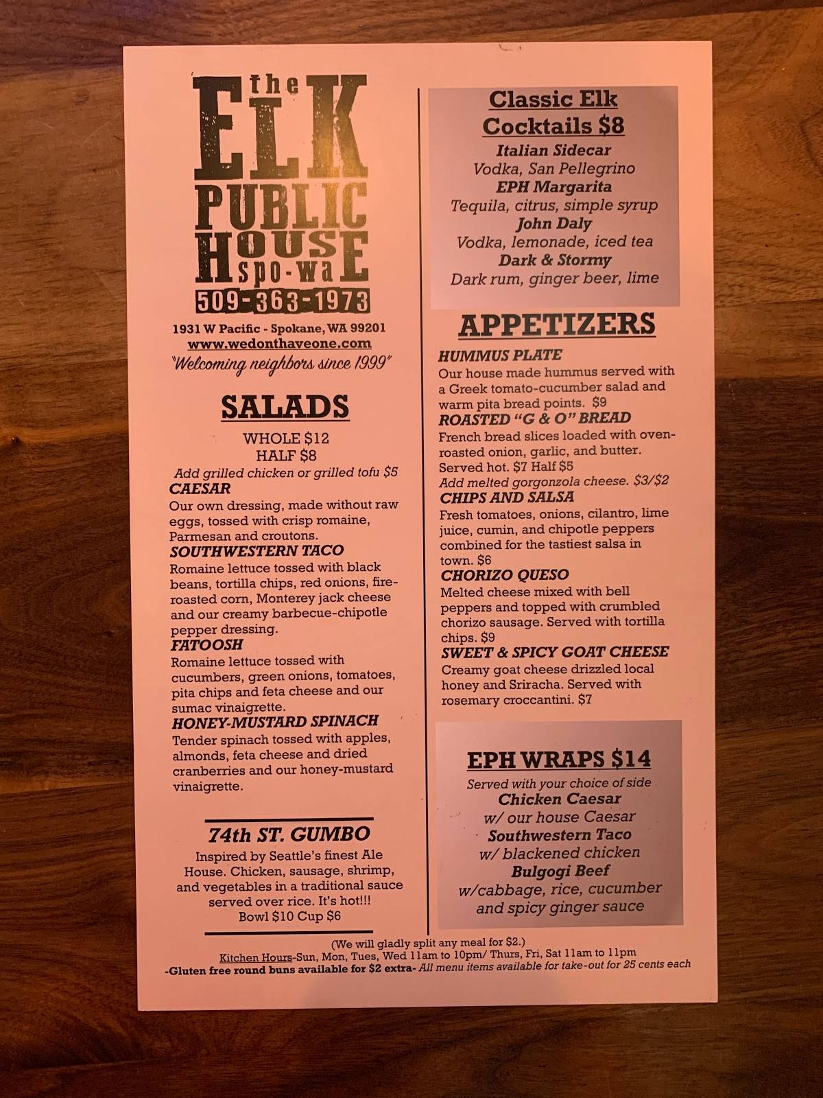 Menu at The Elk pub & bar, Spokane