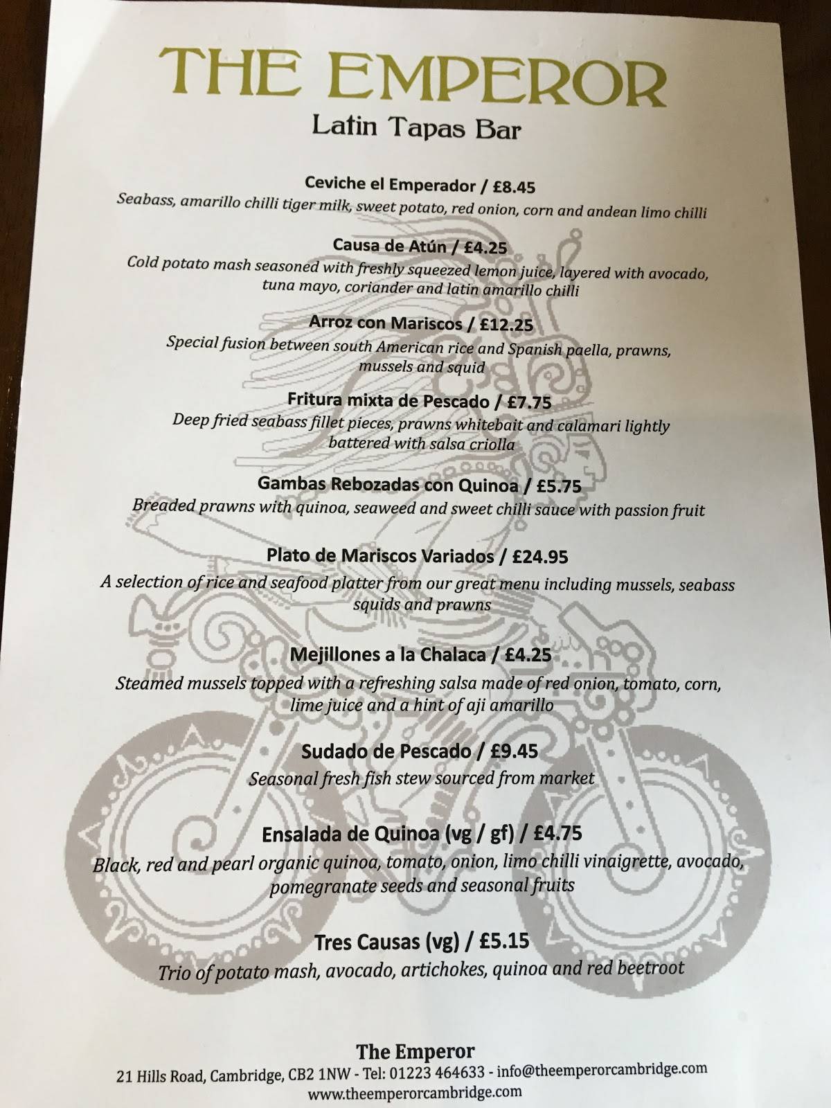 Menu at The Emperor pub & bar, Cambridge