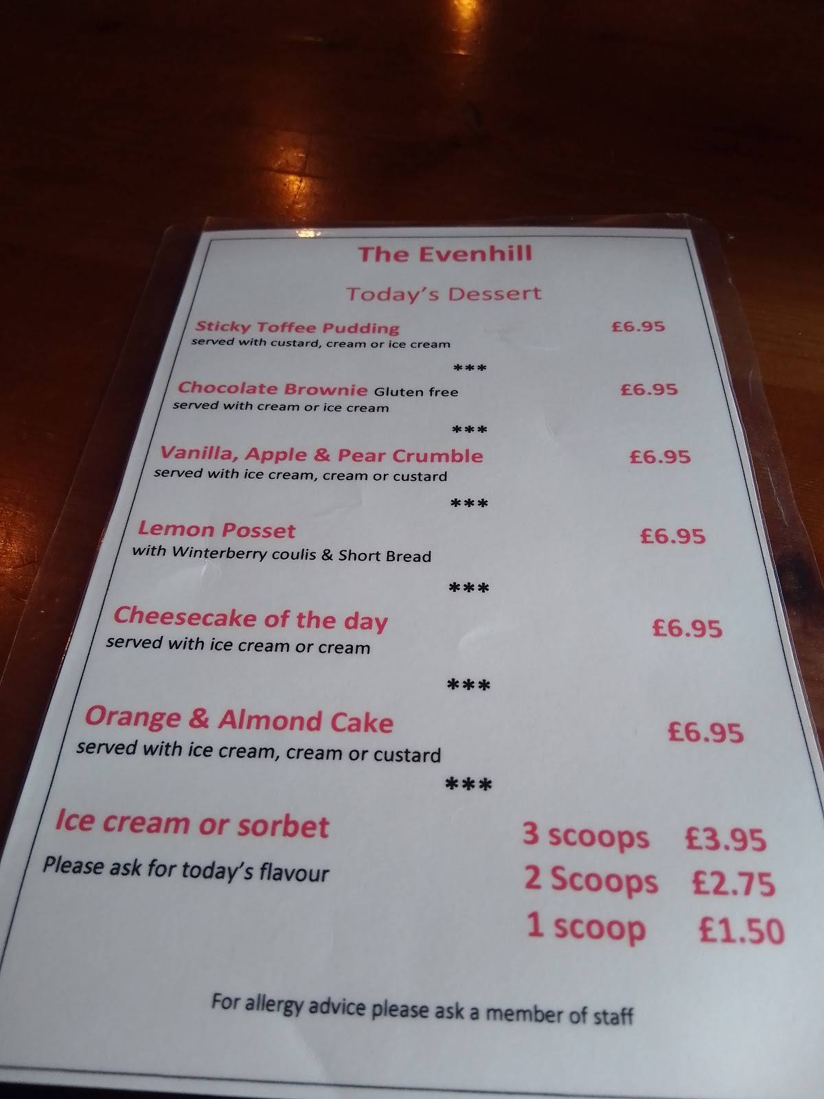 Menu at The Evenhill pub & bar, Canterbury