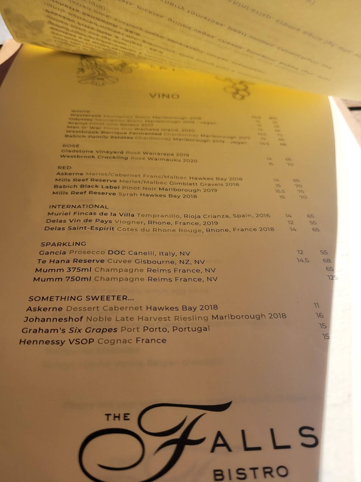 Menu at The Falls Bistro cafe, Auckland
