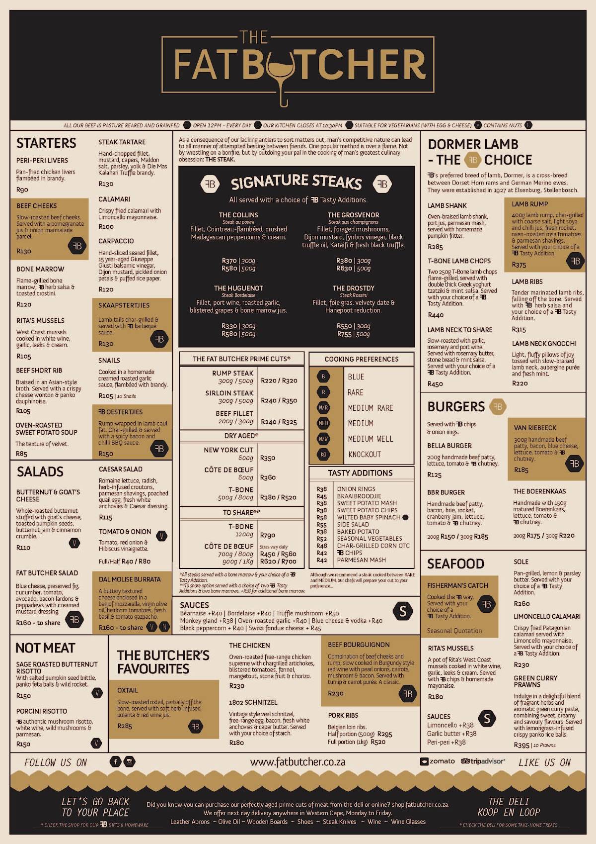 Speisekarte von The Fat Butcher restaurant, Stellenbosch