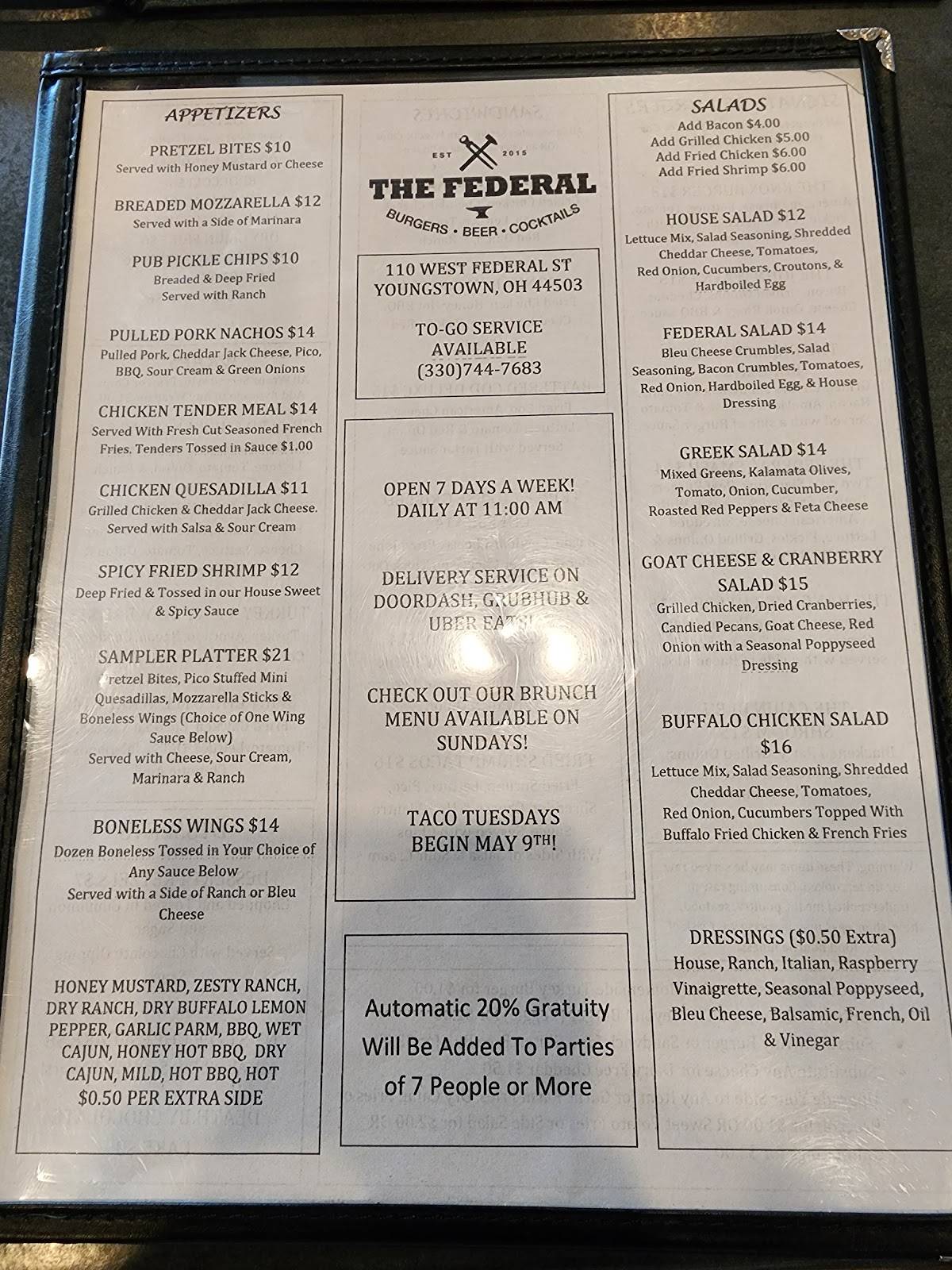 Menu at The Federal restaurant, Youngstown