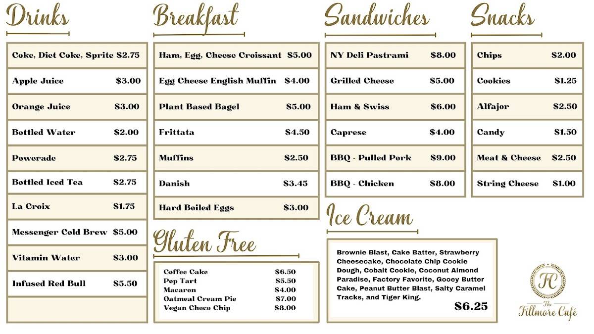 Menu at The Fillmore Café cafe, Lee's Summit