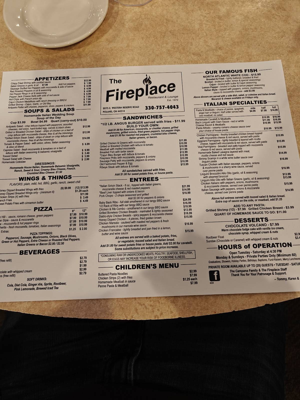 Menu at The Fireplace restaurant, Boardman
