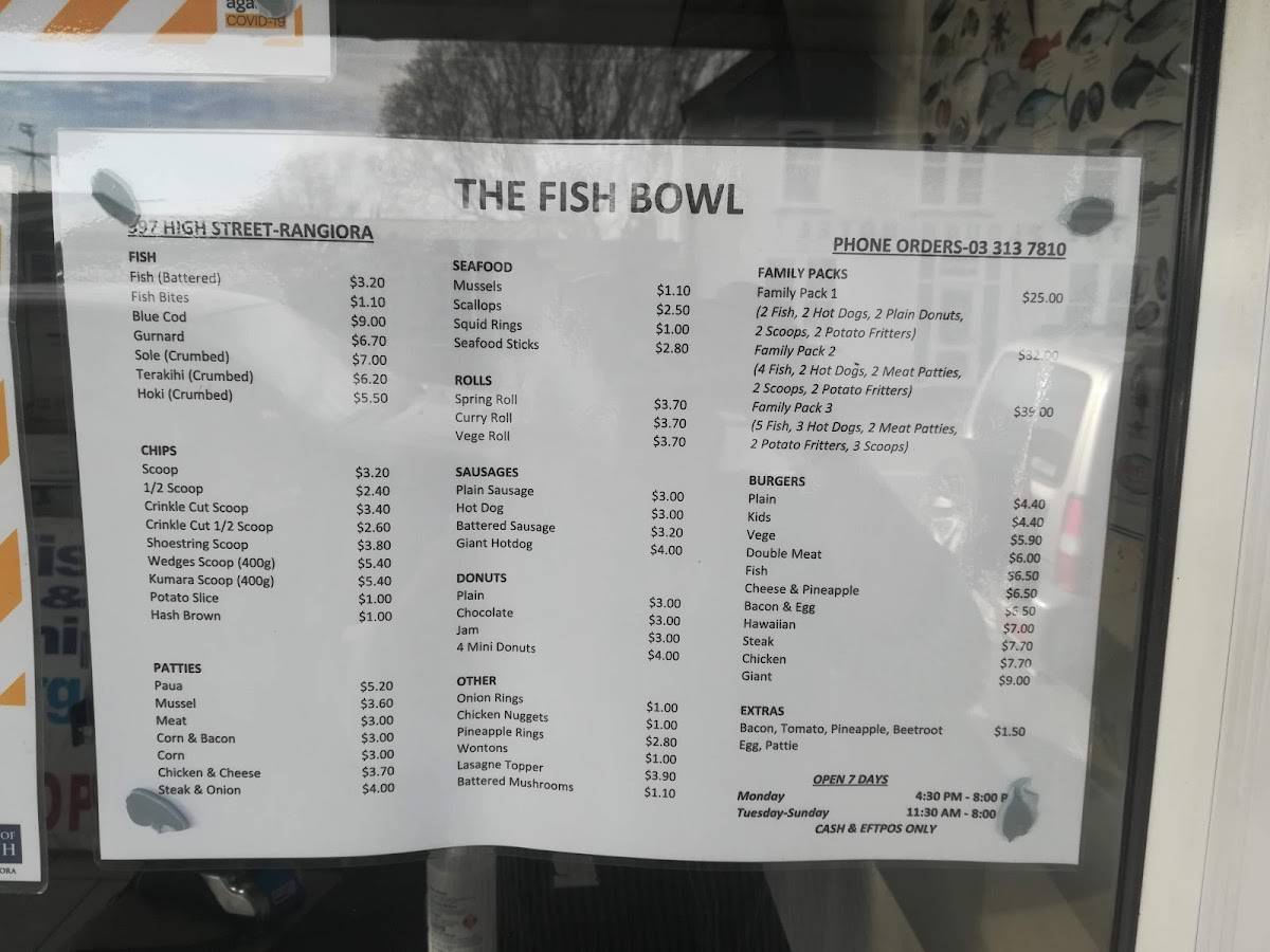 Menu at The Fish Bowl fast food, Rangiora