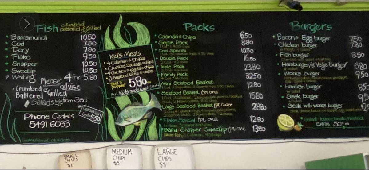 Menu at The Fish Bowl fast food, Moffat Beach