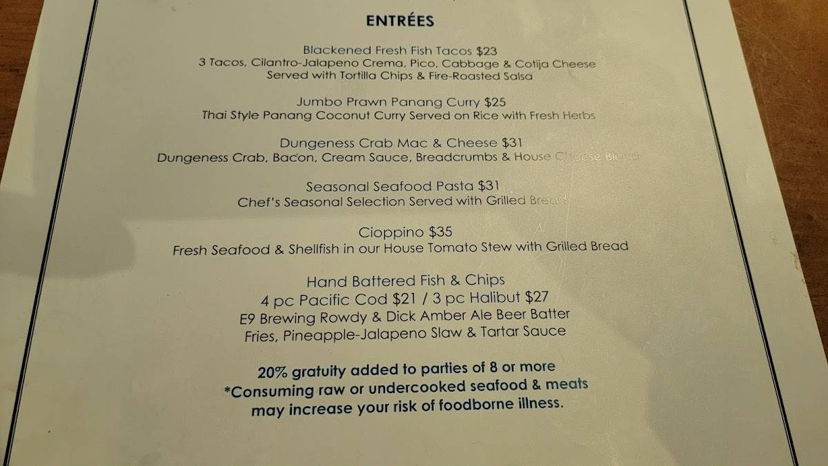 Menu at The Fish Peddler Restaurant on Foss Waterway, Tacoma
