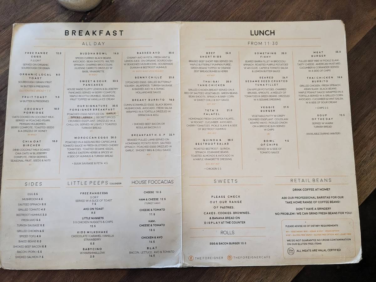 Menu at The Foreigner Café Ivanhoe cafe, Ivanhoe