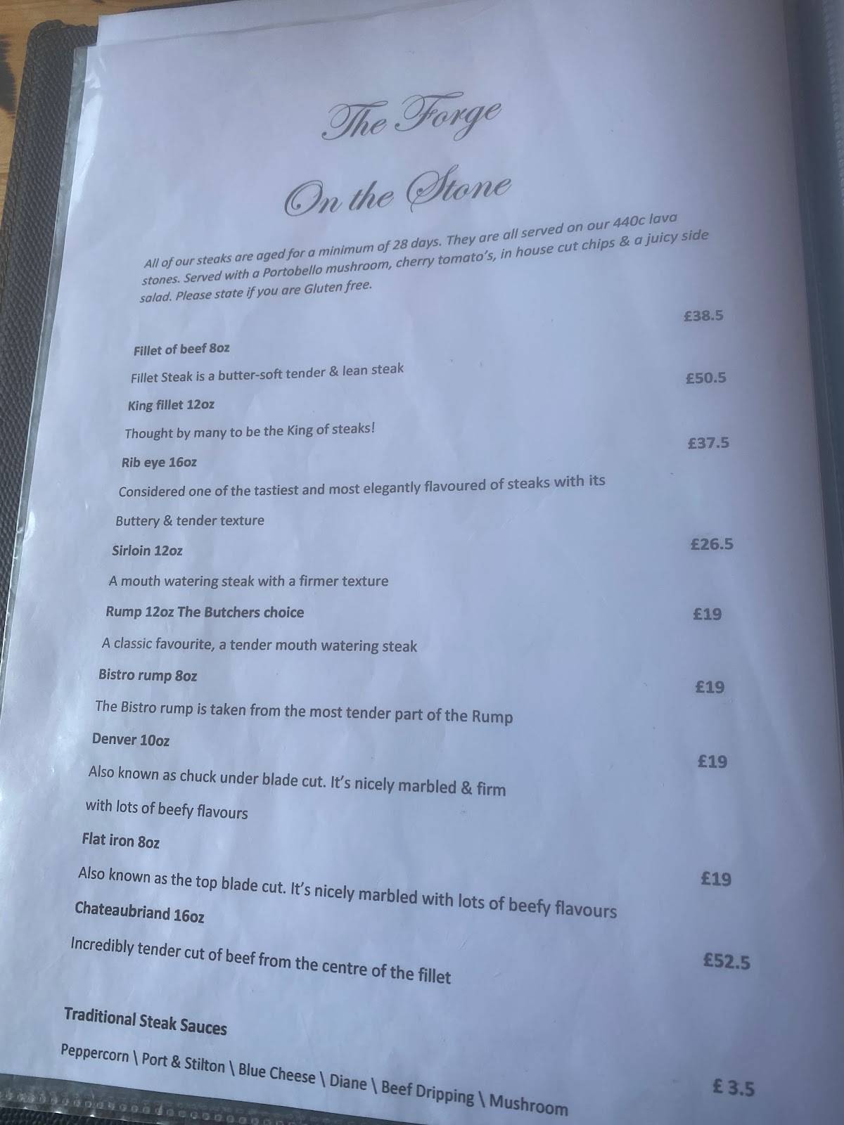 Menu at The Forge Black Rock Steakhouse, Derby