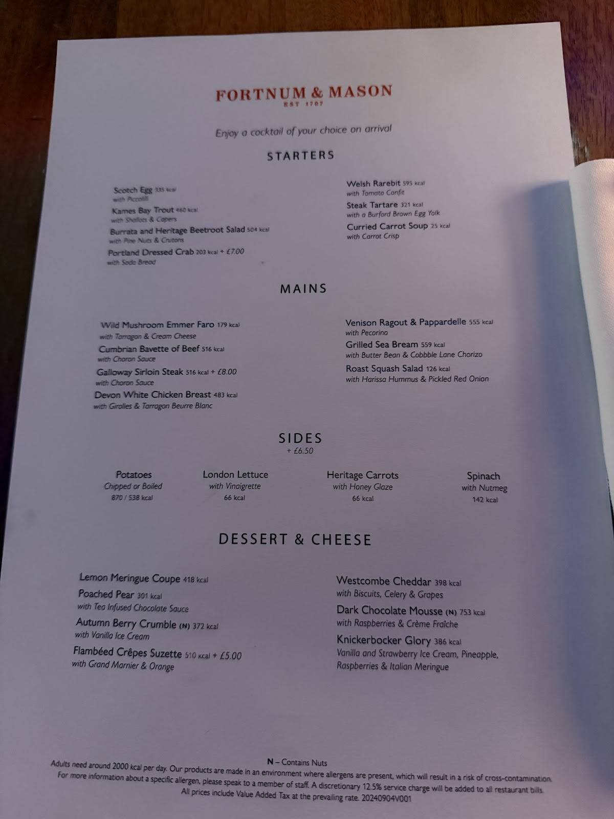Menu at The Fortnum's Bar & Restaurant, London, The Courtyard