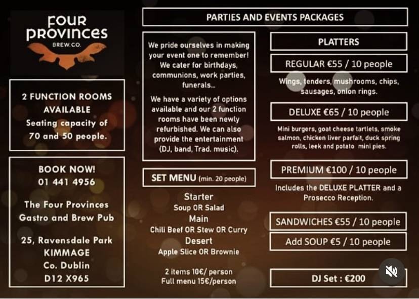 Carta de The Four Provinces Gastro and Brew Pub, Dublin