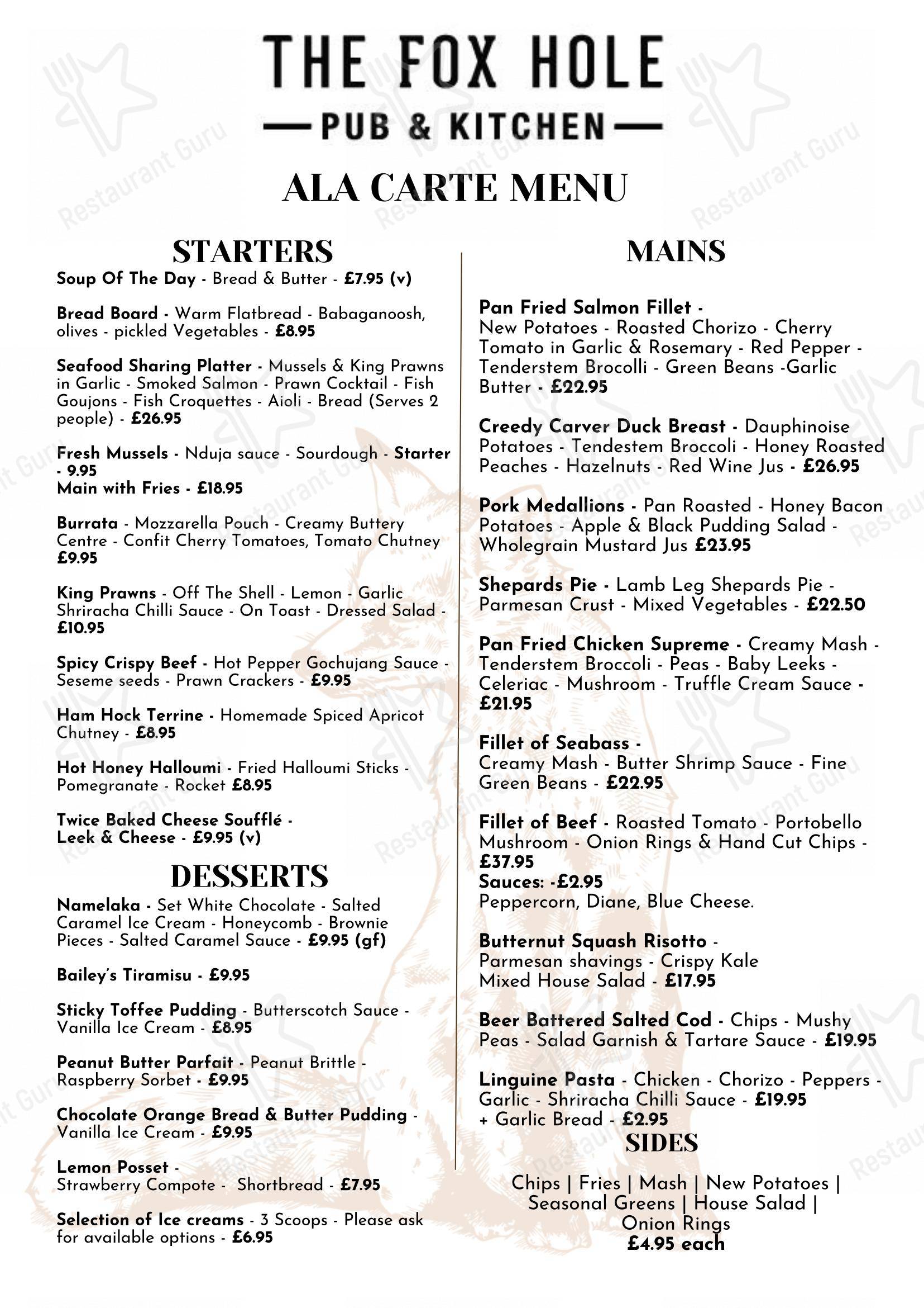 Menu at The Fox Hole pub & bar, Piercebridge
