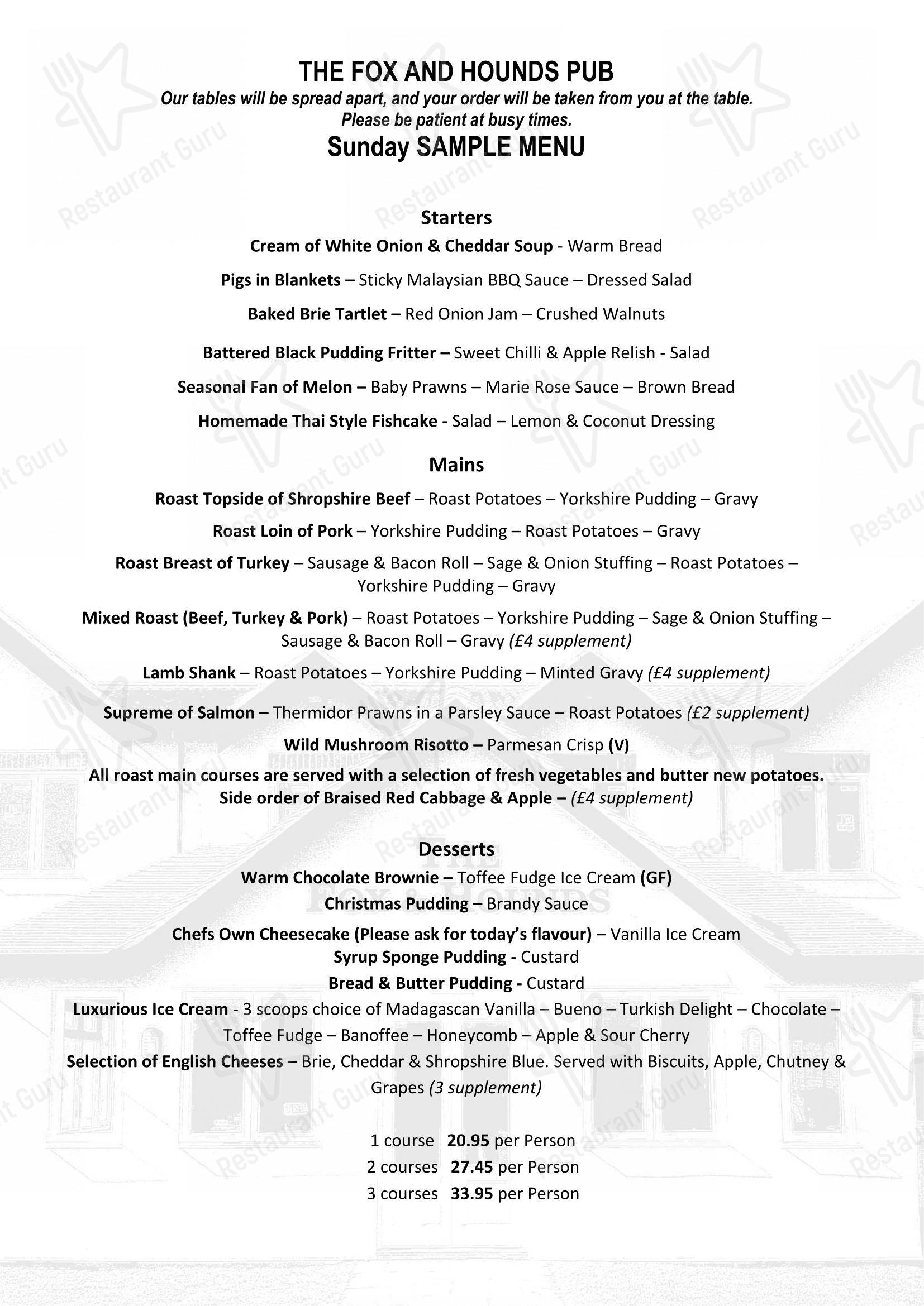Menu at The Fox and Hounds pub & bar, Shawbury