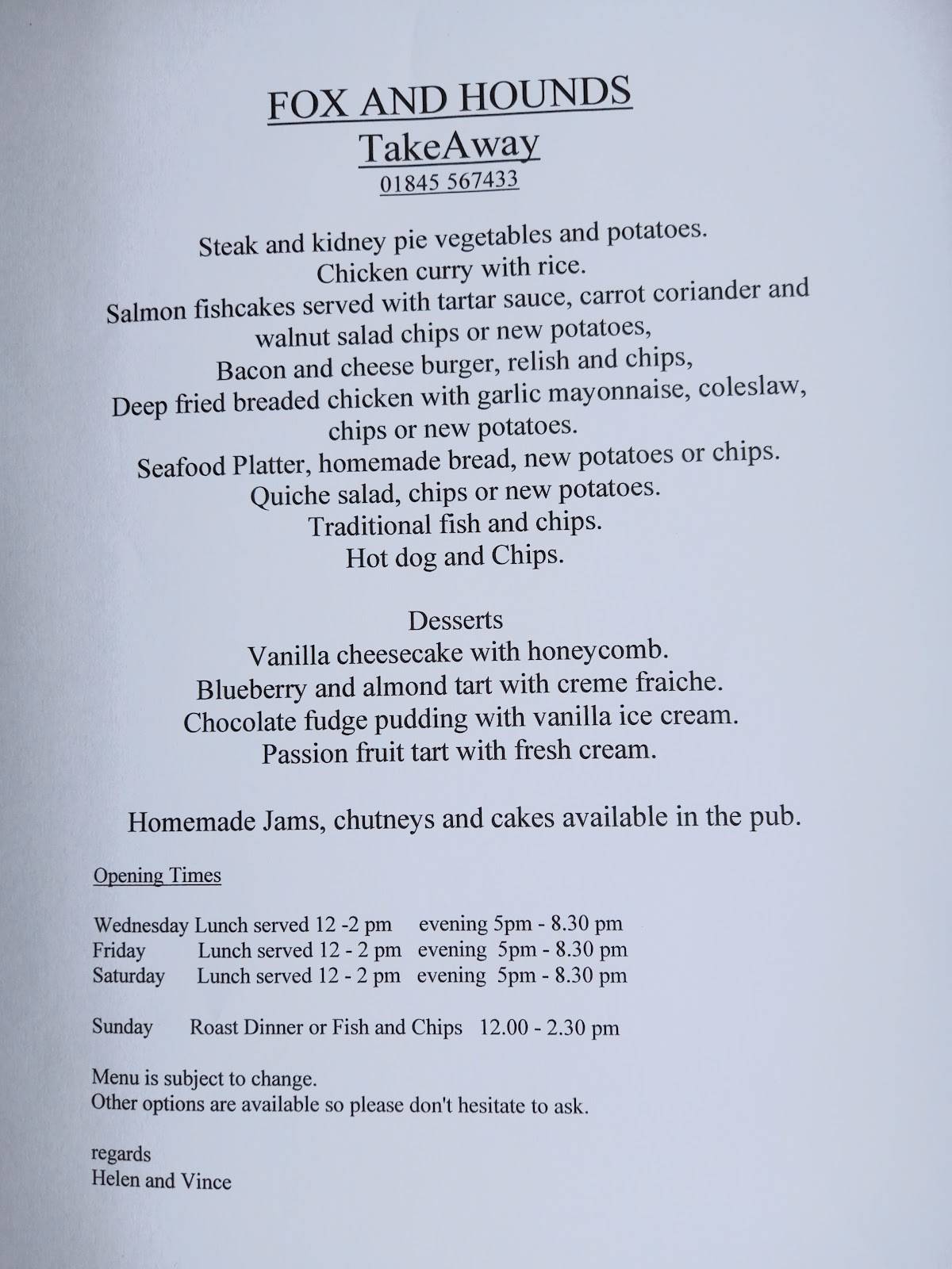 Menu at The Fox & Hounds pub & bar, Carthorpe, Main Street