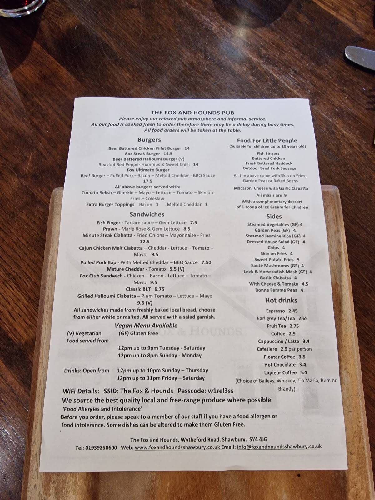 Menu at The Fox and Hounds pub & bar, Shawbury