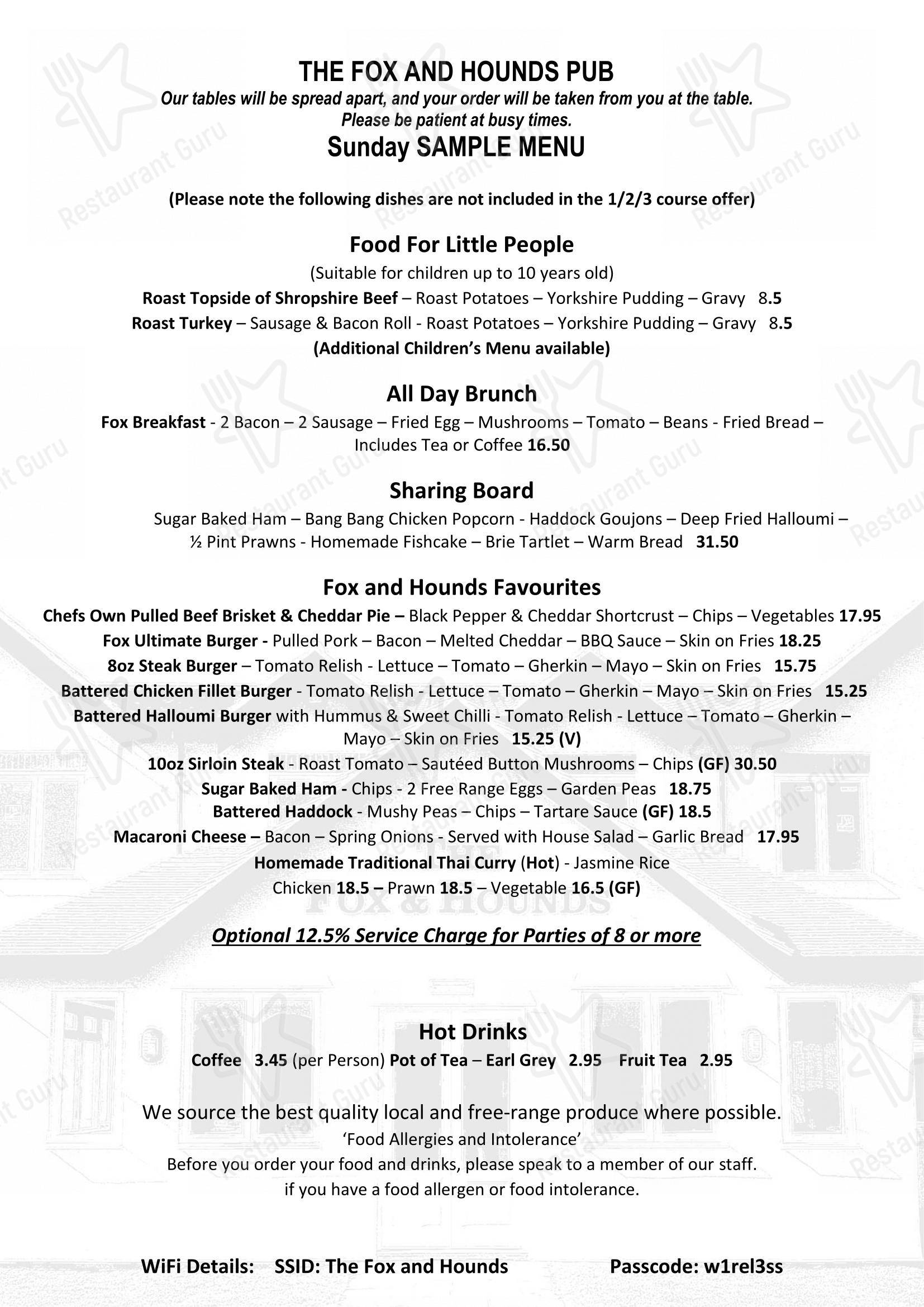 Menu at The Fox and Hounds pub & bar, Shawbury