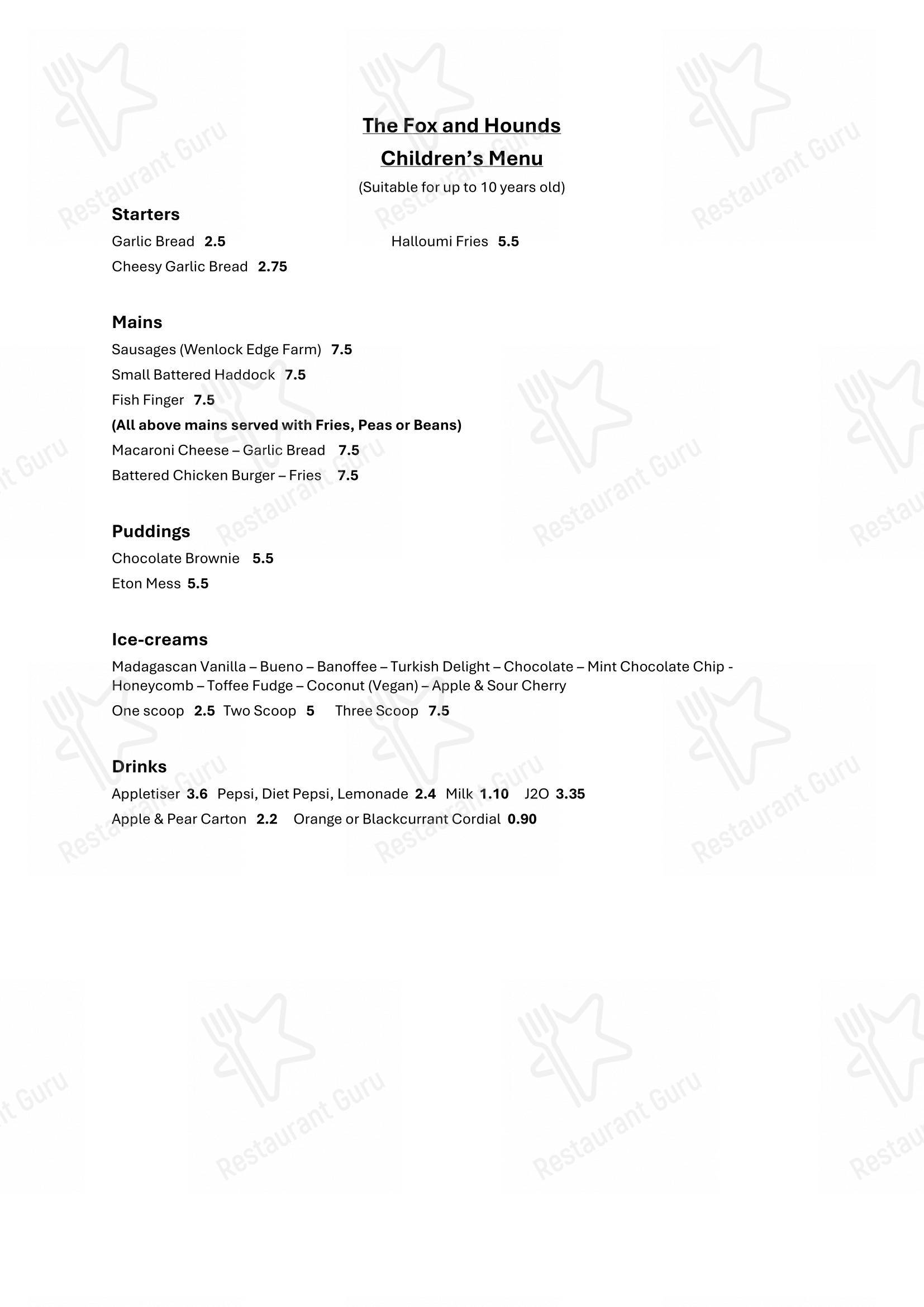 Menu at The Fox and Hounds pub & bar, Shawbury