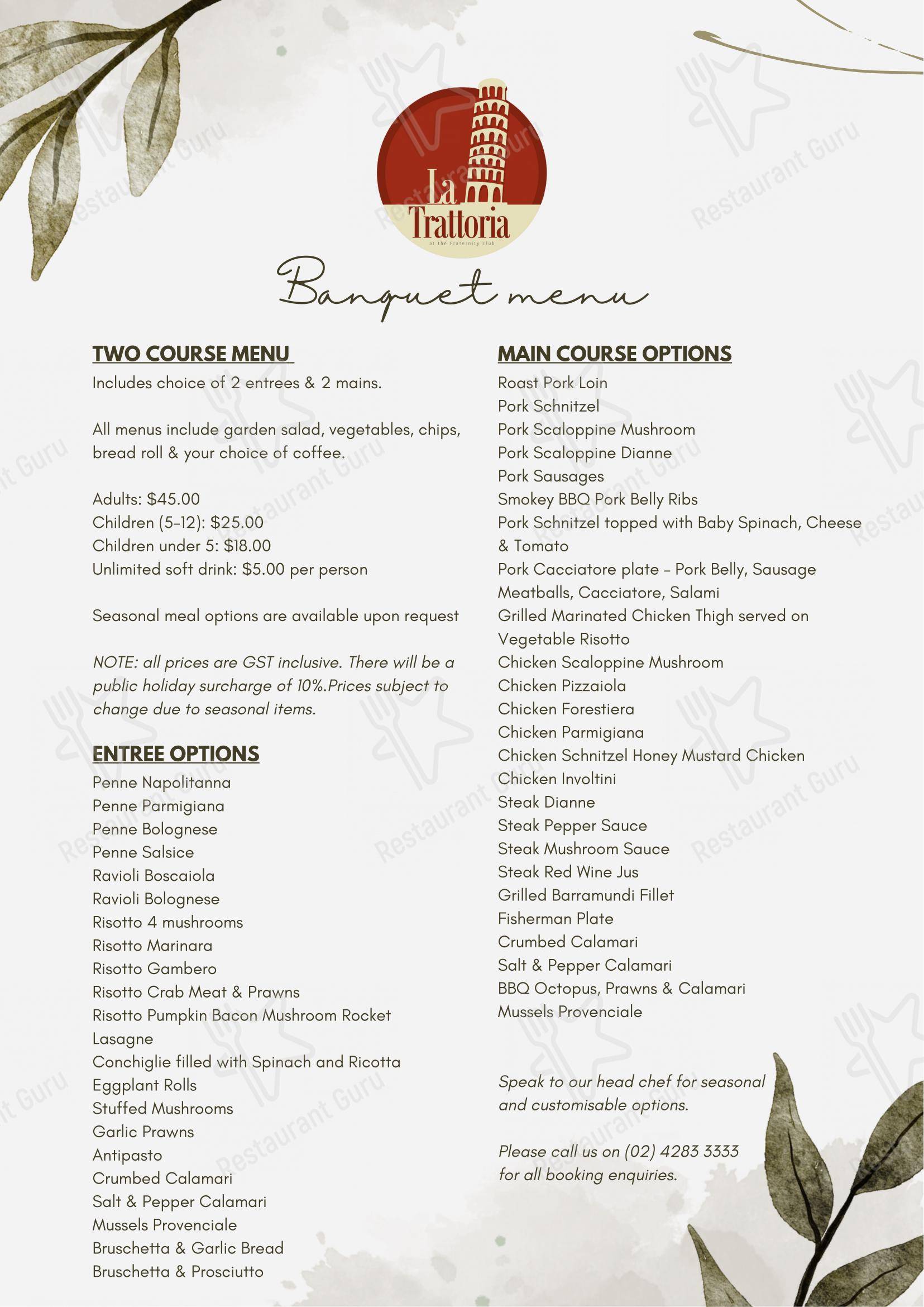 Menu at The Fraternity Club, Fairy Meadow